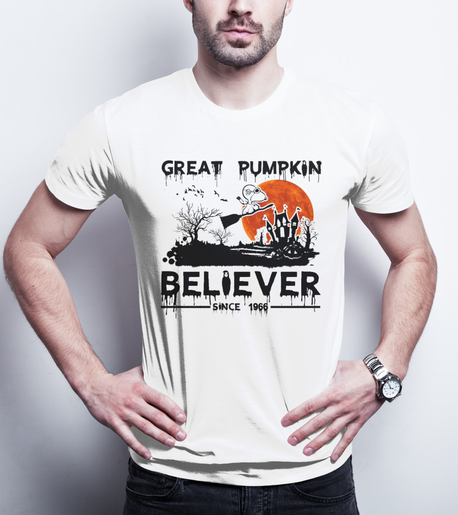 Great Pumpkin Believer Since 1966 Snoopy Flying On Broomstick Halloween Scene T-Shirt