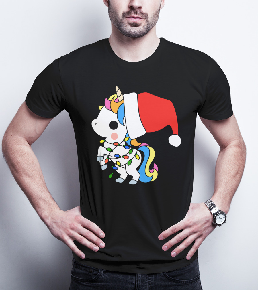 Unicorn Santa Christmas Lights Festive Fantasy T-Shirt