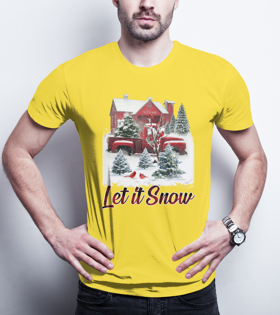 Let It Snow Cardinal Birds Red Tree Farm Holiday Scene T-Shirt