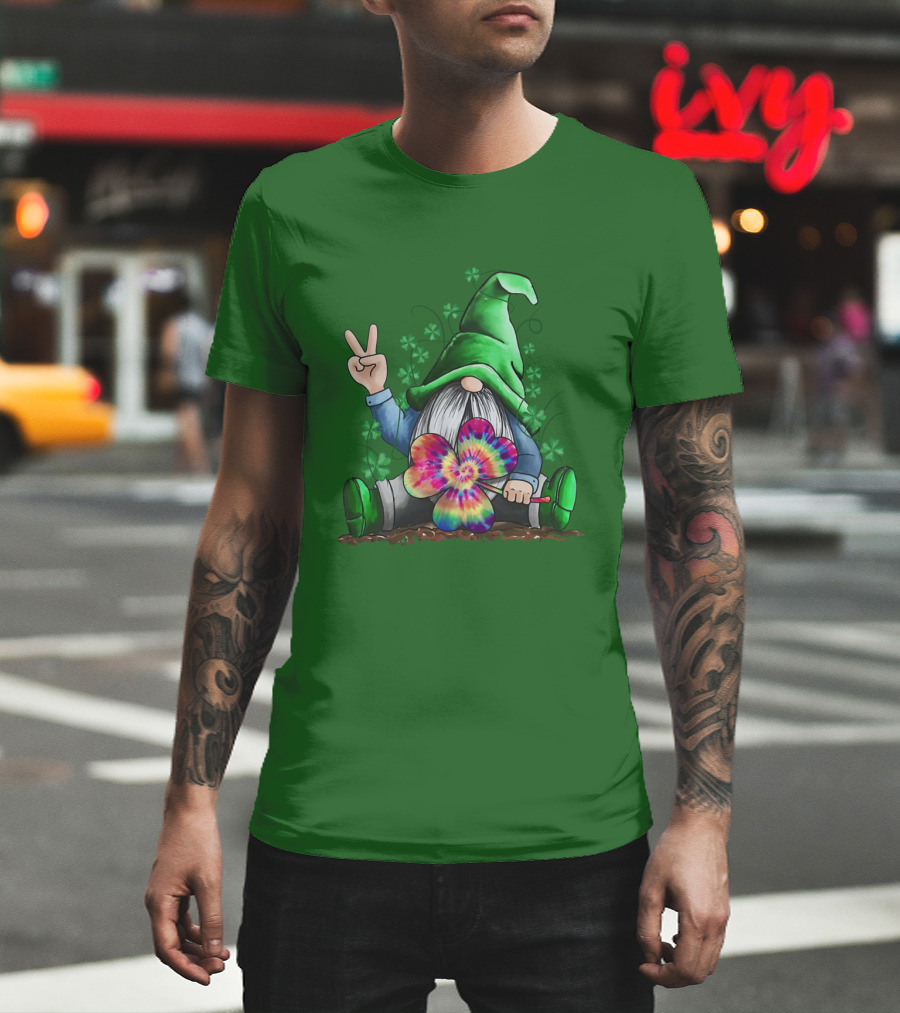 Hippie Gnome Irish With Tie-Dye Shamrock And Peace Sign T-Shirt