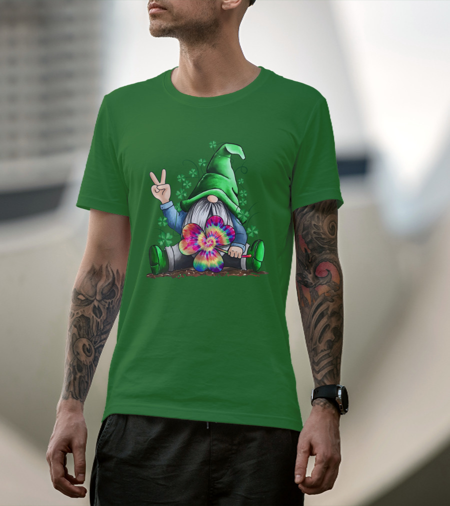 Hippie Gnome Irish With Tie-Dye Shamrock And Peace Sign T-Shirt