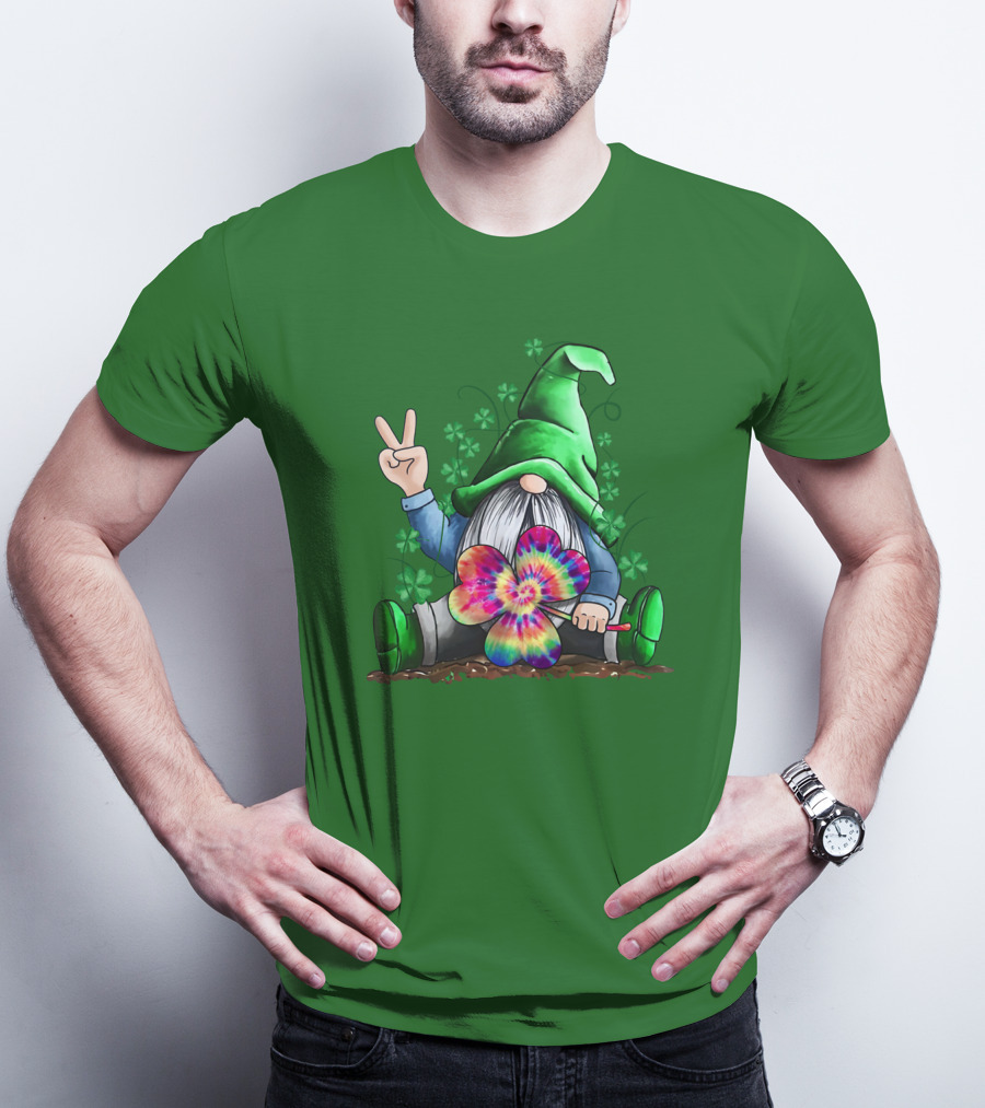 Hippie Gnome Irish With Tie-Dye Shamrock And Peace Sign T-Shirt