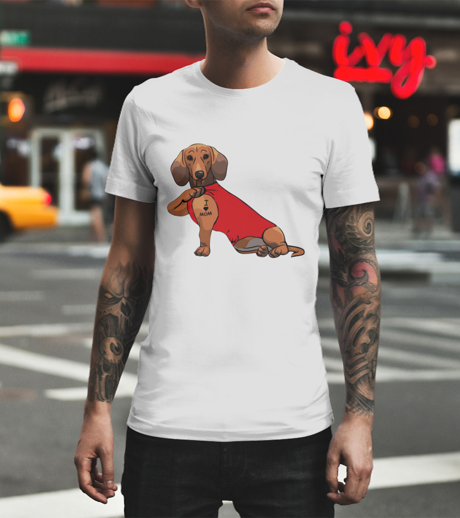 I Love Mom Dachshund Tattoo Puppy In Red T-Shirt
