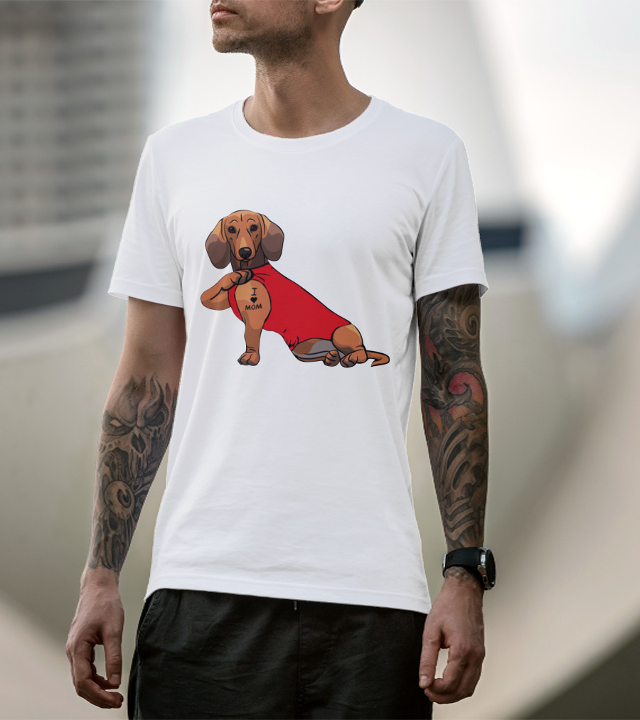 I Love Mom Dachshund Tattoo Puppy In Red T-Shirt