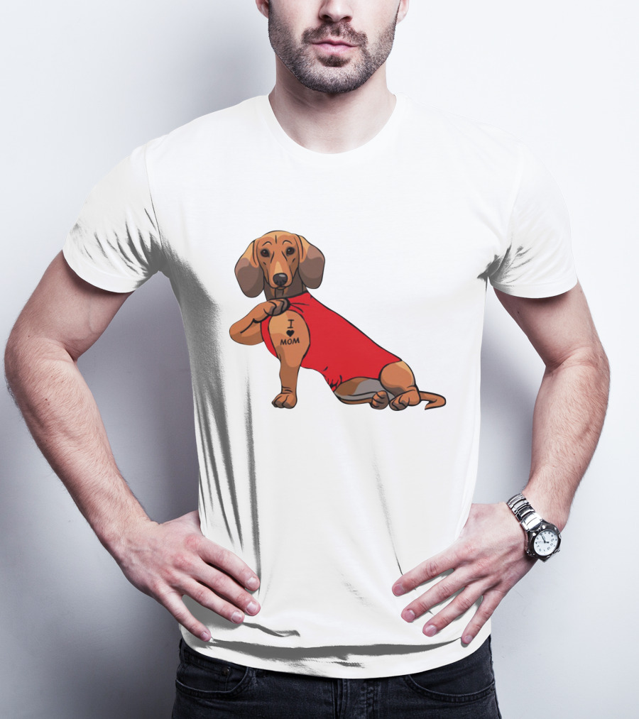 I Love Mom Dachshund Tattoo Puppy In Red T-Shirt
