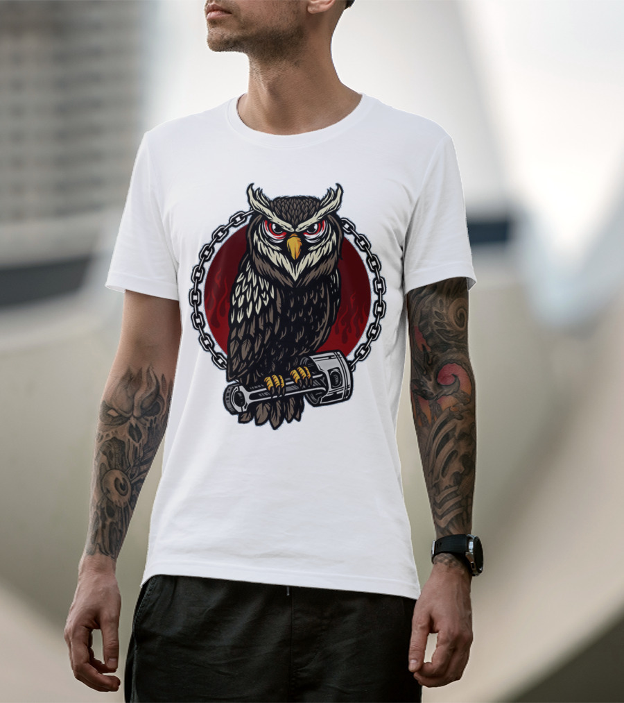 Owl And Piston Motorbike Enthusiast Chain Flame Background T-Shirt