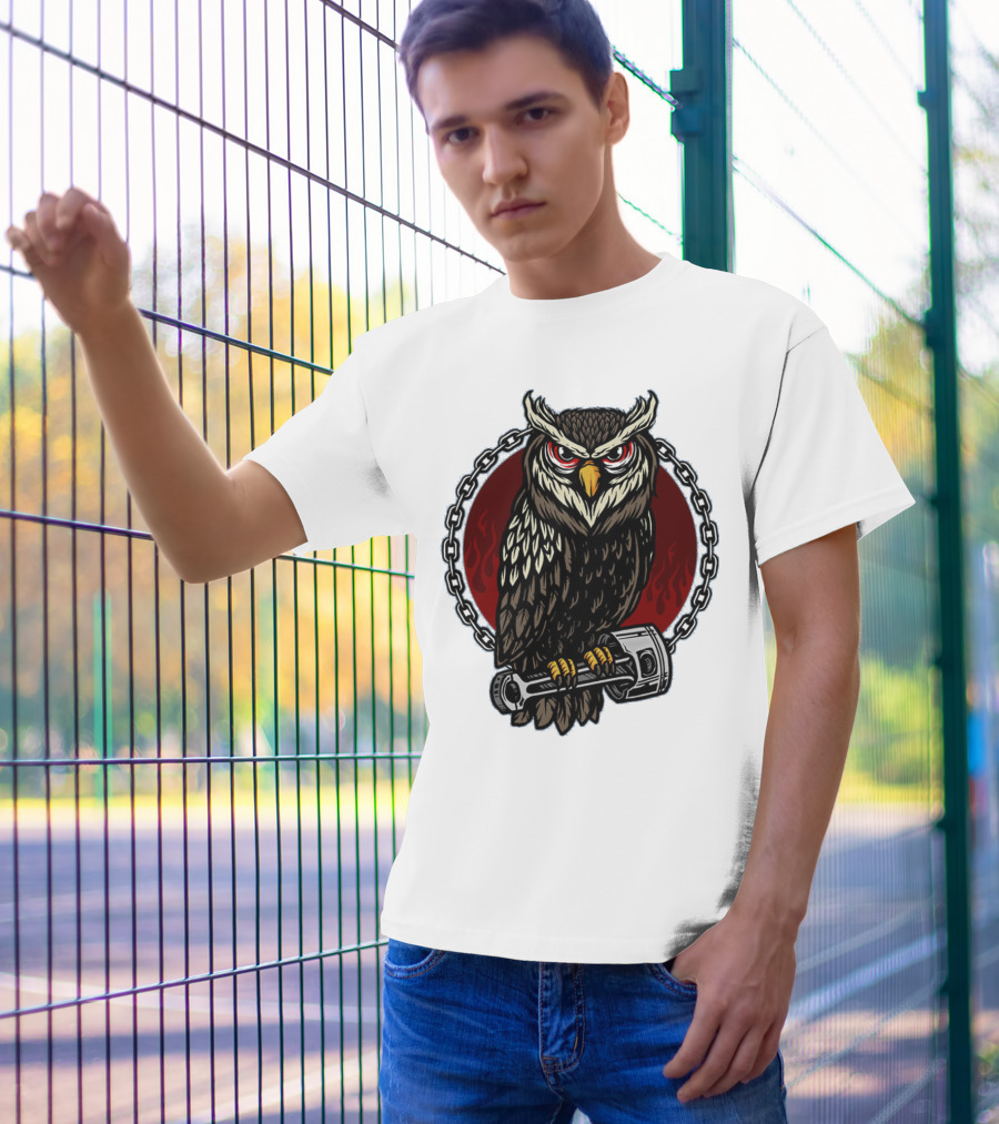 Owl And Piston Motorbike Enthusiast Chain Flame Background T-Shirt