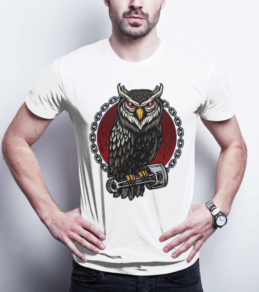 Owl And Piston Motorbike Enthusiast Chain Flame Background T-Shirt