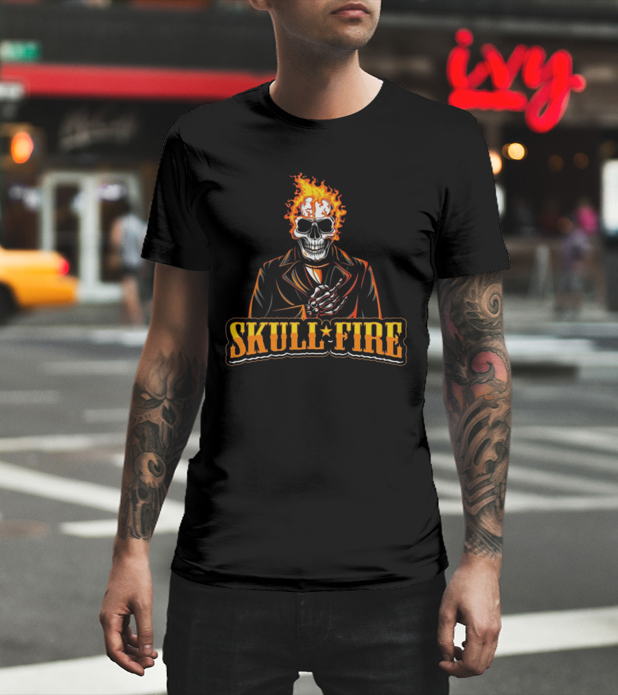 Skull Fire Flaming Skeleton In Dark Suit T-Shirt