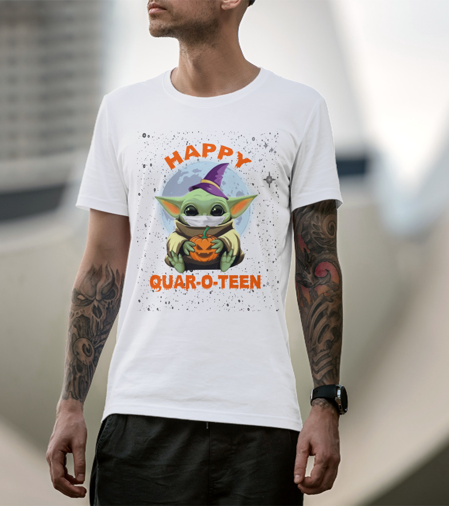 Baby Yoda Happy Quaroteen Halloween Pumpkin Wizard Hat T-Shirt