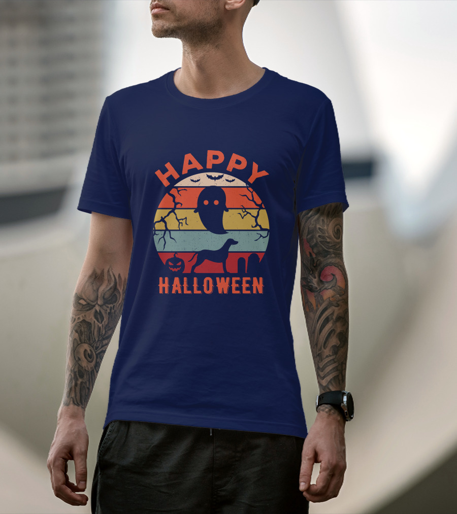 Happy Halloween Dalmatian Dog Ghost Pumpkin Retro Stripes T-Shirt
