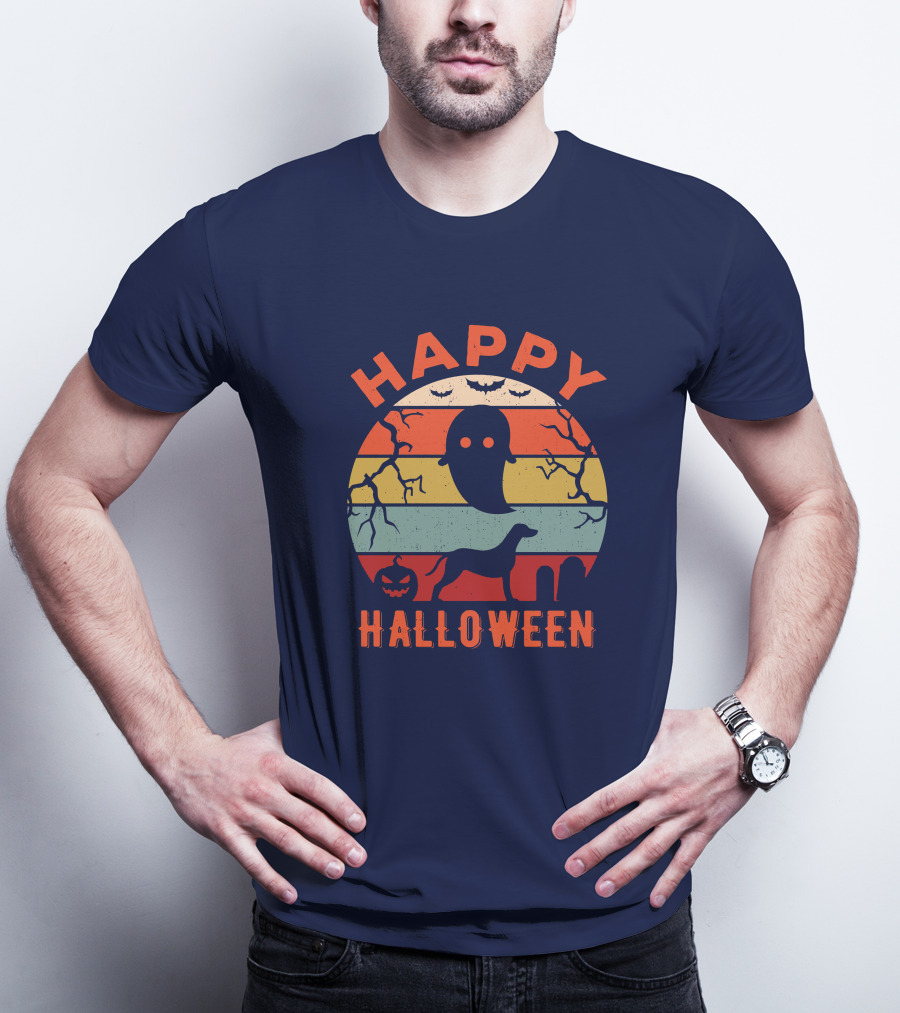 Happy Halloween Dalmatian Dog Ghost Pumpkin Retro Stripes T-Shirt