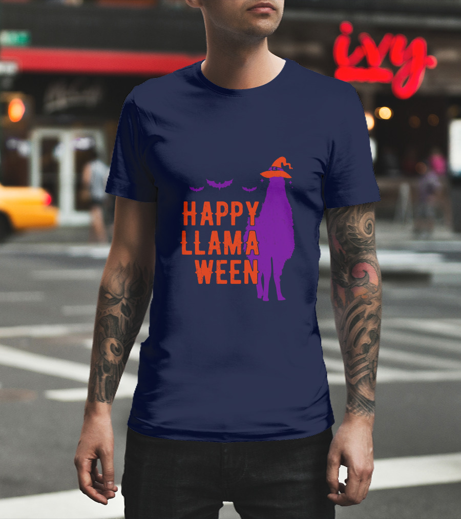 Happy Llamaween Llama Halloween Bat Witch Hat T-Shirt