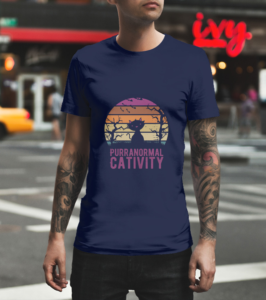 Purranormal Cativity Spooky Cat Silhouette With Bats And Trees T-Shirt