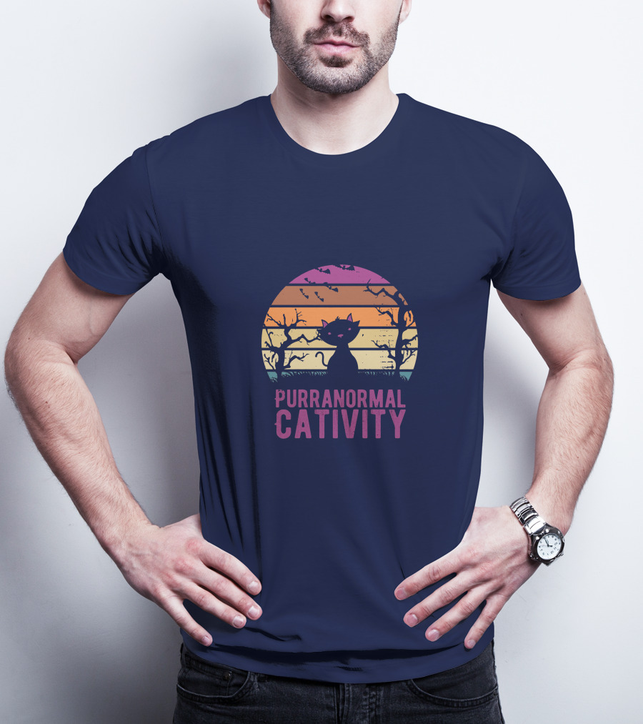 Purranormal Cativity Spooky Cat Silhouette With Bats And Trees T-Shirt