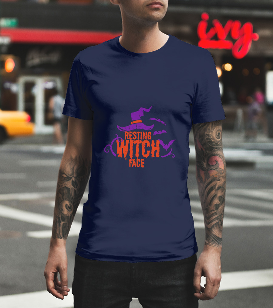 Resting Witch Face Witch Hat Bats Halloween T-Shirt