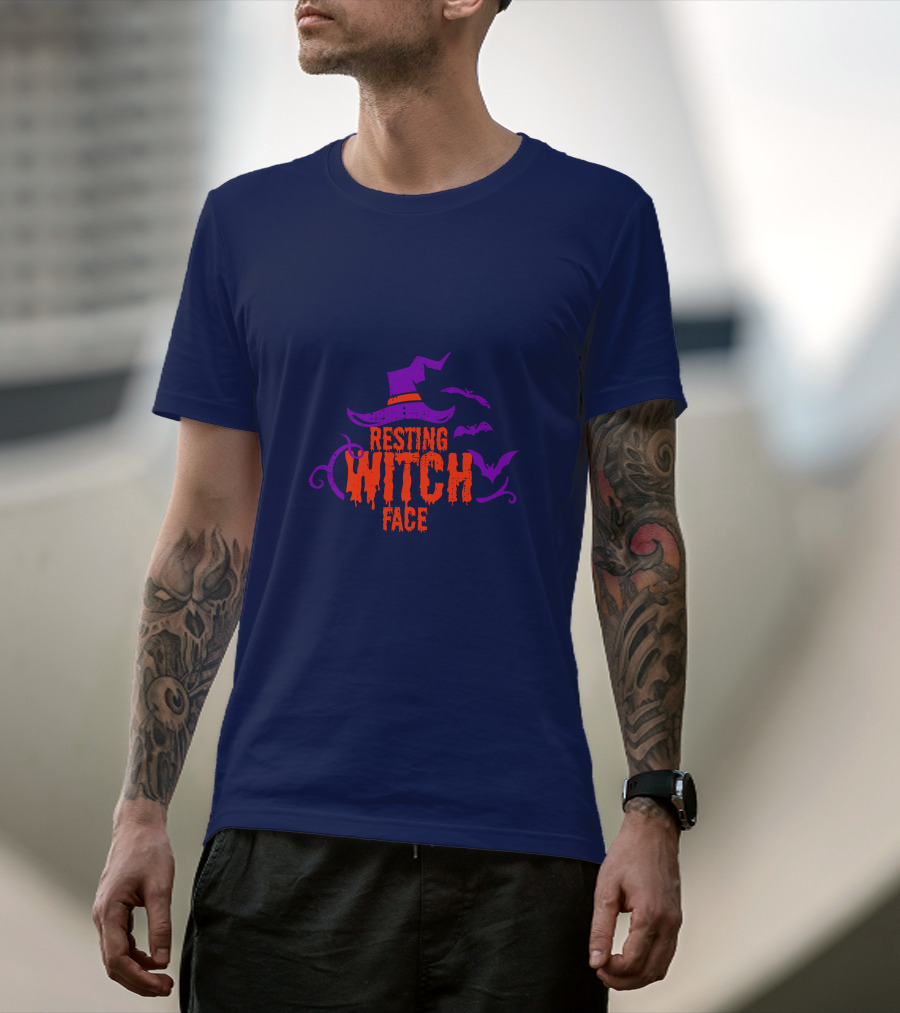 Resting Witch Face Witch Hat Bats Halloween T-Shirt