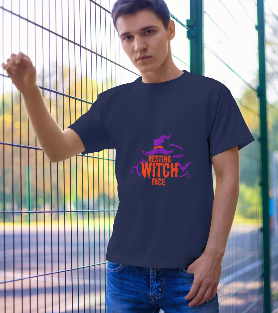 Resting Witch Face Witch Hat Bats Halloween T-Shirt