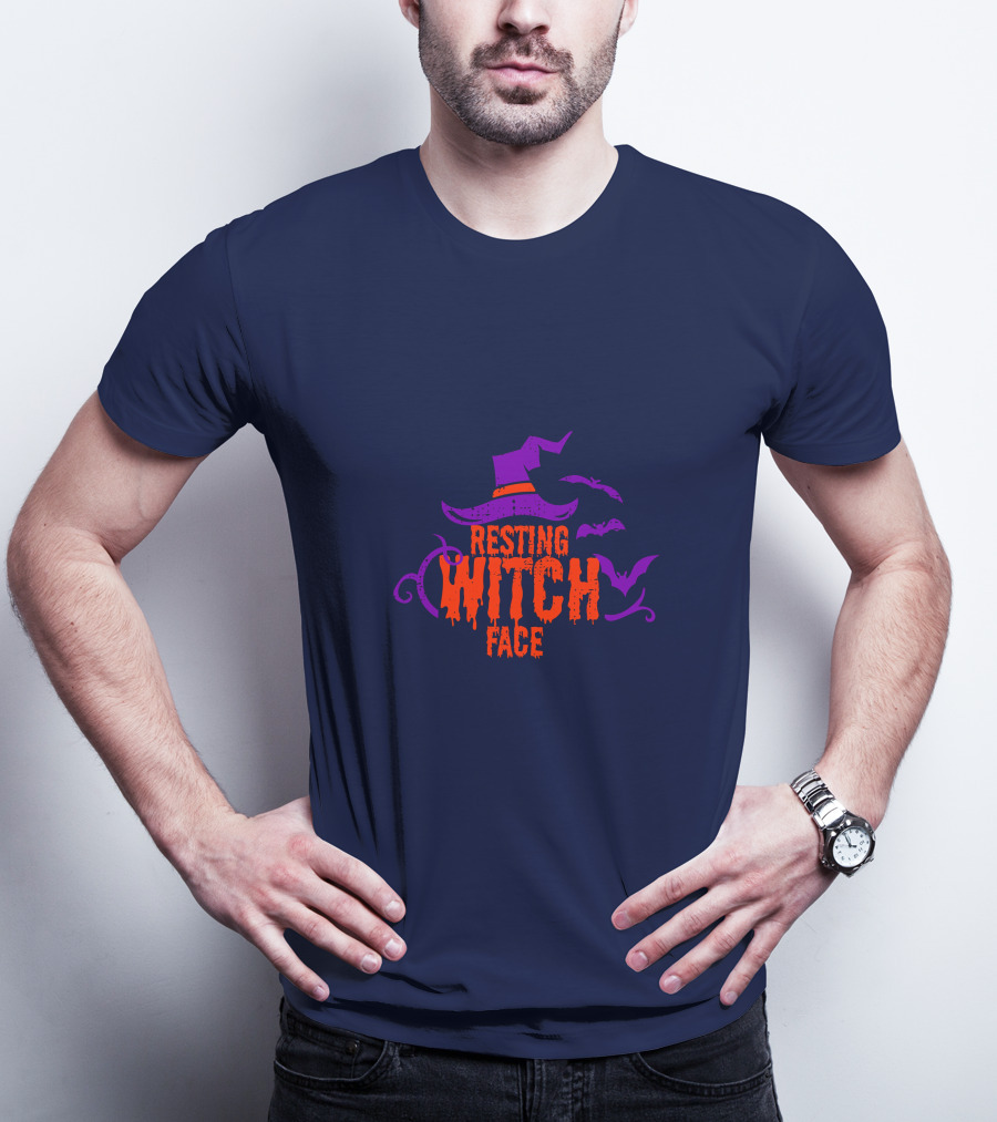 Resting Witch Face Witch Hat Bats Halloween T-Shirt