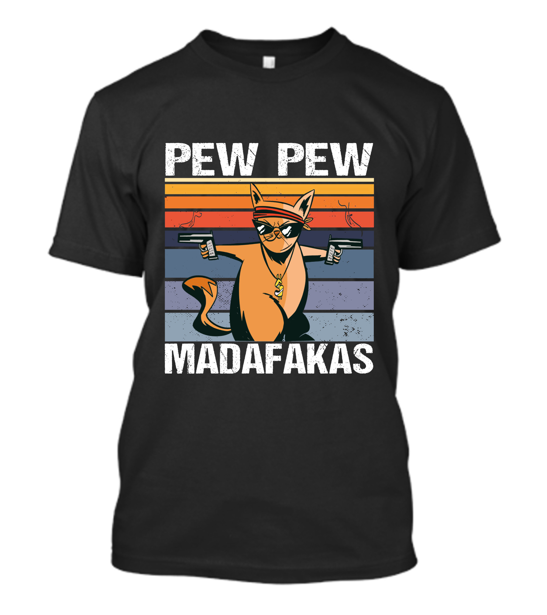 Pew Pew Madafakas Cat With Sunglasses And Retro Stripes T-Shirt
