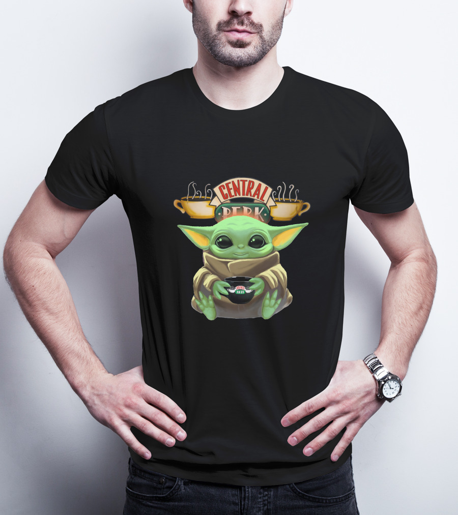 Baby Yoda Hugging Central Perk Coffee Cup Friends-Star Wars Crossover T-Shirt