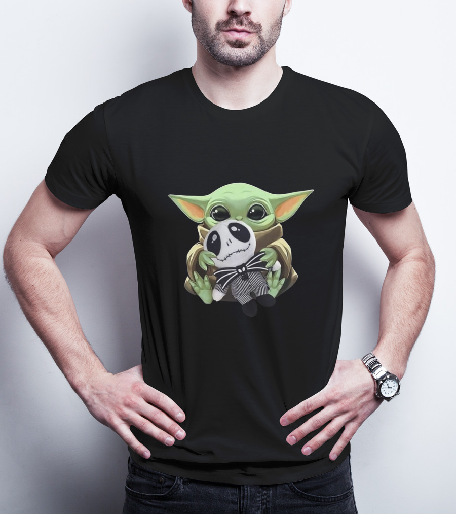 Baby Yoda Holding Jack Skellington Plush Crossover T-Shirt