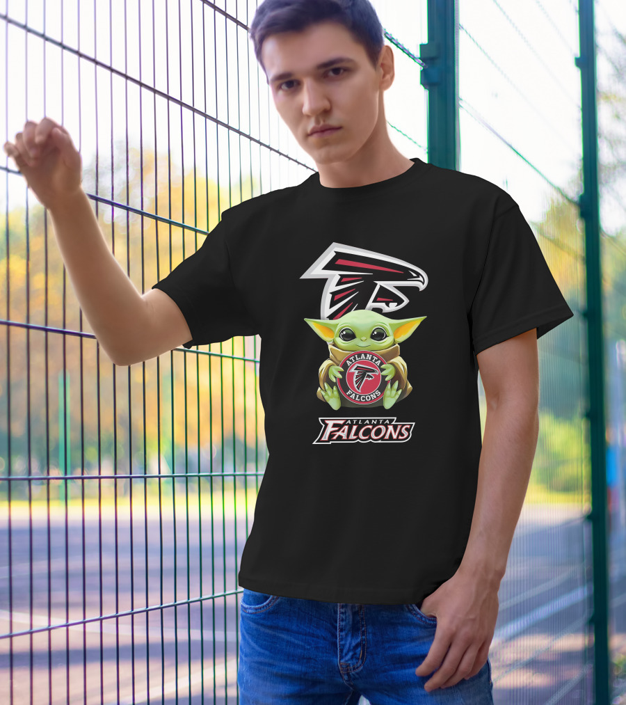 Baby Yoda Holding Atlanta Falcons Emblem Logo Fan T-Shirt