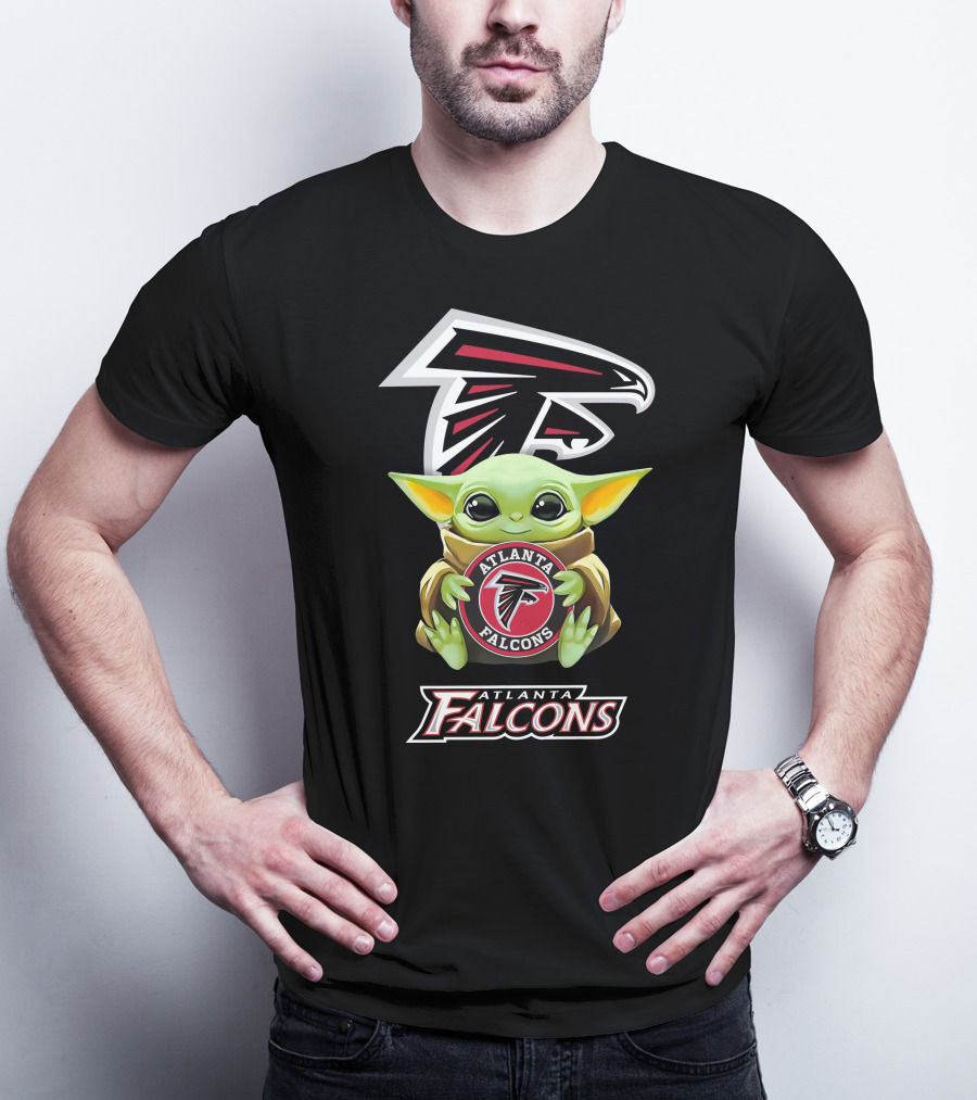 Baby Yoda Holding Atlanta Falcons Emblem Logo Fan T-Shirt