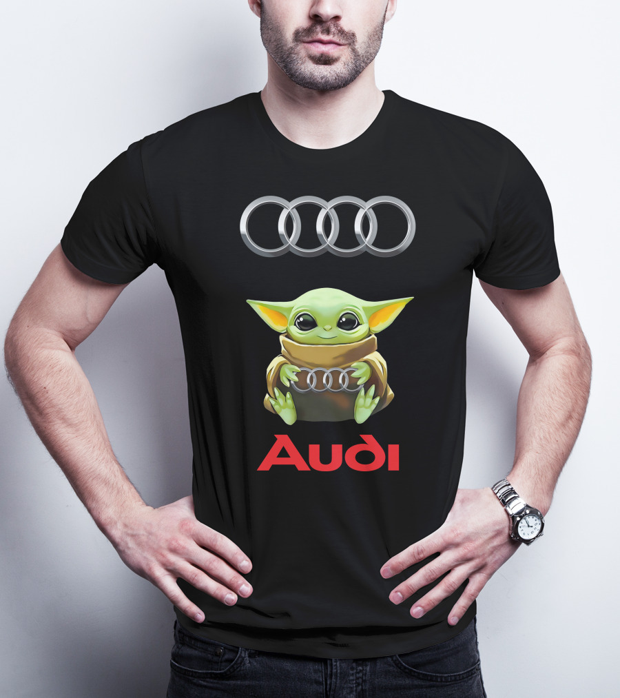 Baby Yoda Holding Audi Logo Under Audi Rings T-Shirt