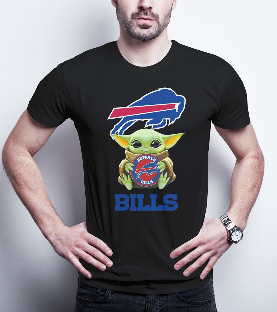 Baby Yoda Holding Buffalo Bills NFL Team Emblem With Blue Bills Text T-Shirt