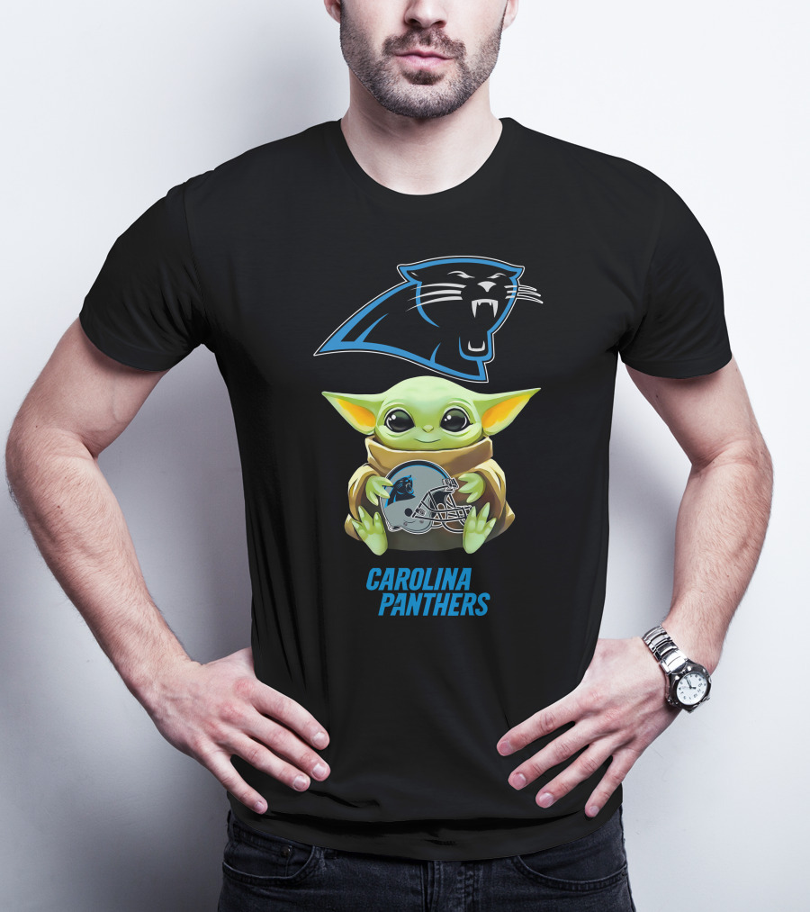 Baby Yoda Holding Carolina Panthers Helmet T-Shirt