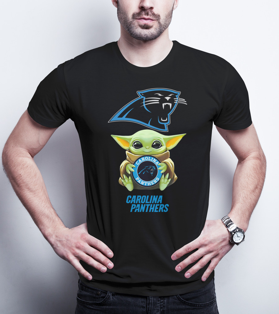 Baby Yoda Holding Carolina Panthers Emblem T-Shirt