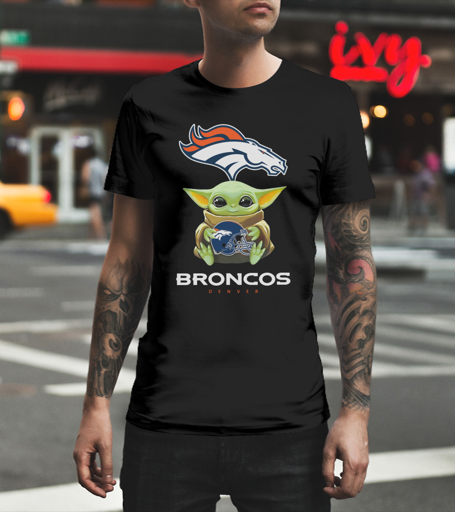 Baby Yoda Holding Denver Broncos Helmet With Broncos T-Shirt