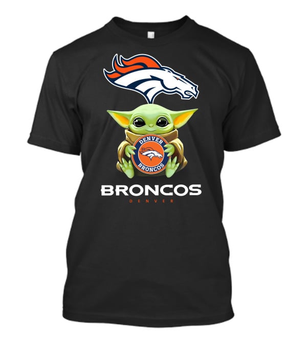 Baby Yoda Holding Denver Broncos Emblem With Broncos T-Shirt