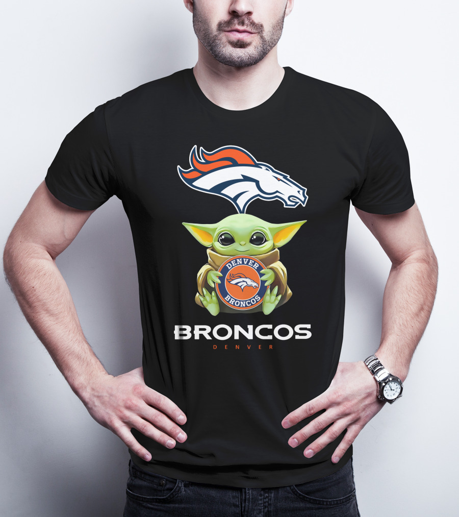 Baby Yoda Holding Denver Broncos Emblem With Broncos T-Shirt