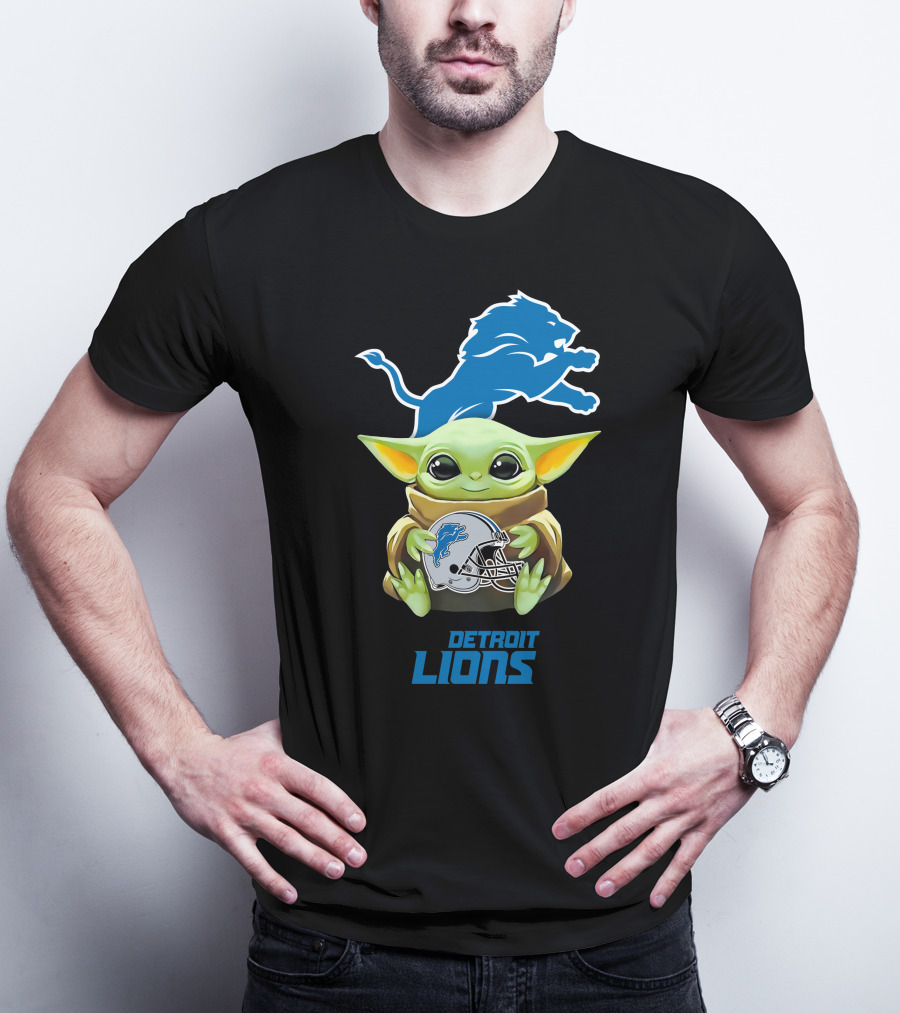 Baby Yoda Holding Detroit Lions Helmet T-Shirt