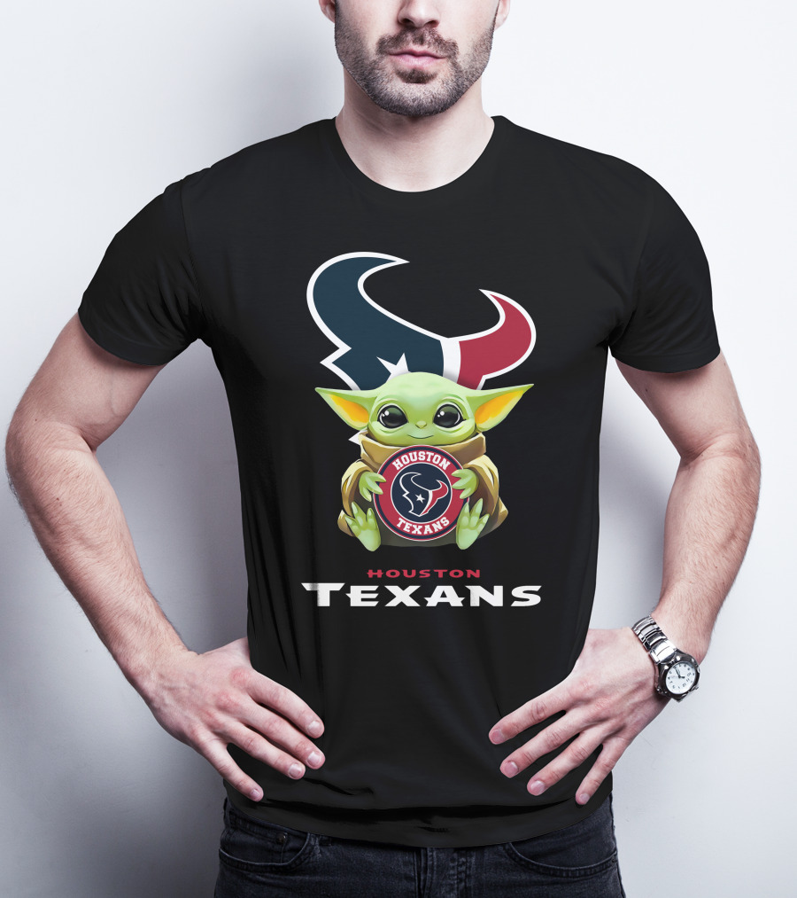 Baby Yoda Holding Houston Texans Logo Football Team Emblem T-Shirt