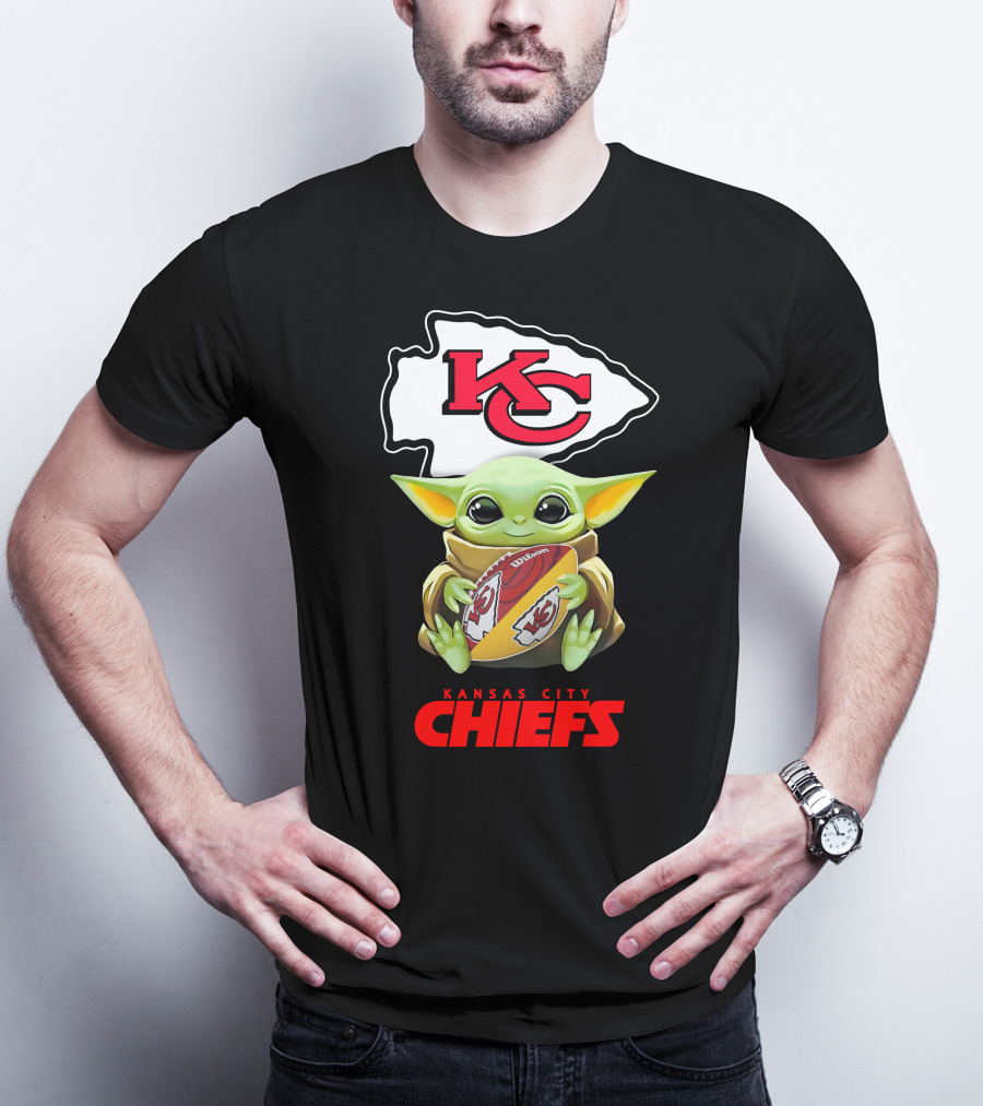Baby Yoda Holding Kansas City Chiefs Football T-Shirt
