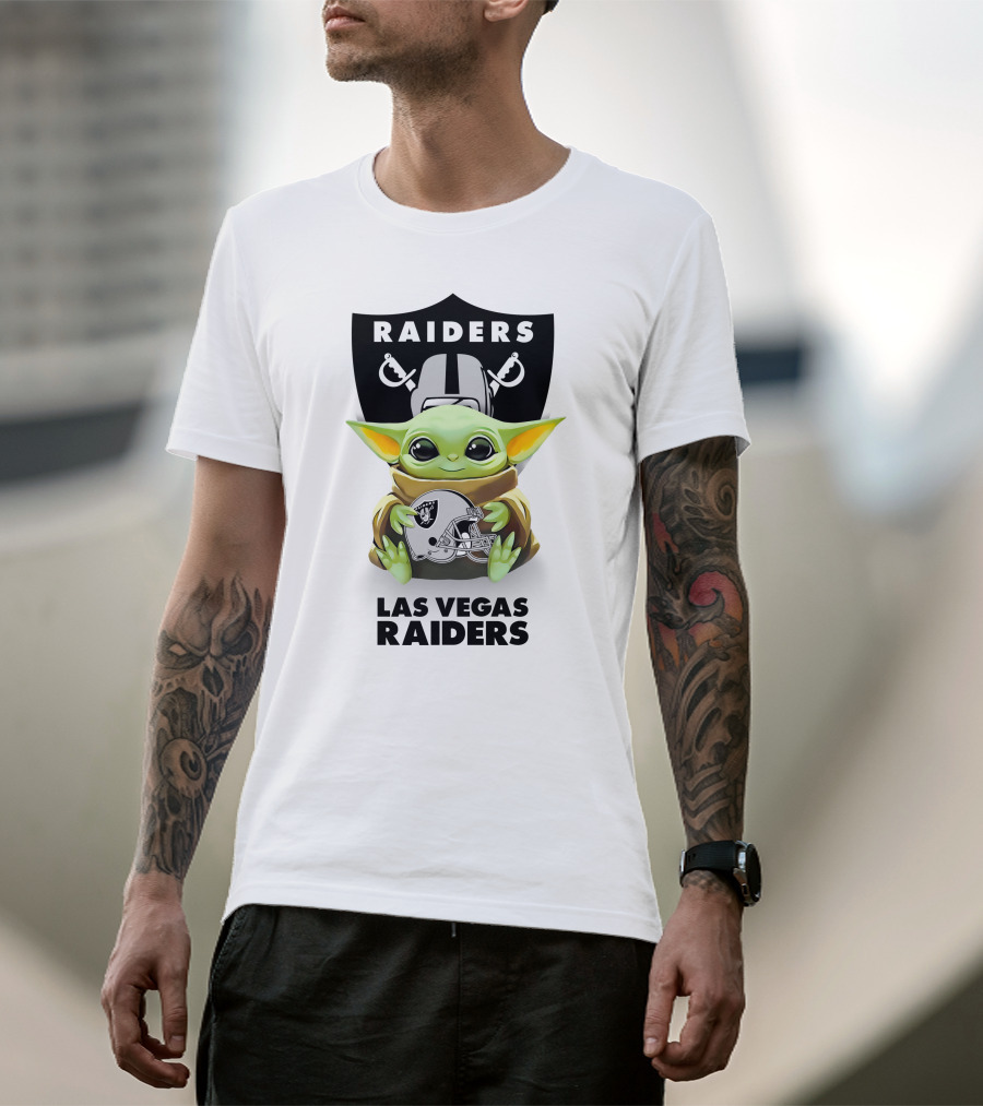 Baby Yoda Holding Las Vegas Raiders Helmet With Raiders Logo Background T-Shirt
