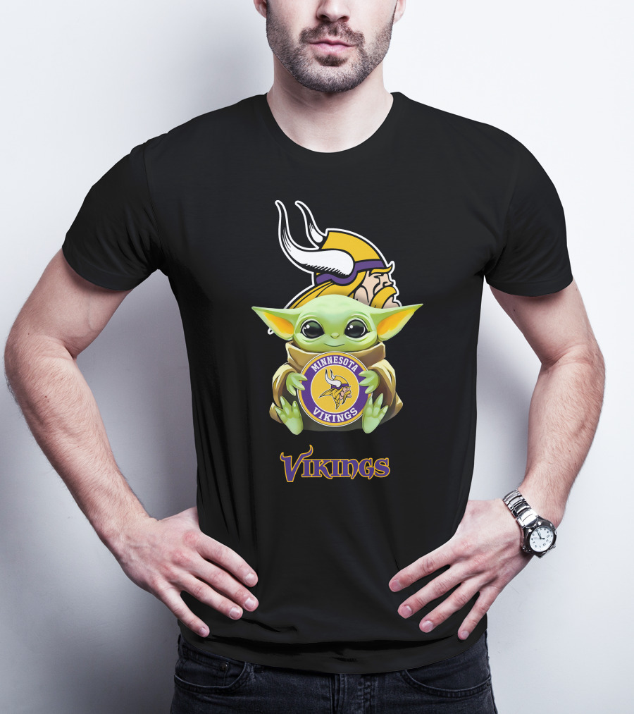 Baby Yoda Holding Minnesota Vikings Emblem With Vikings Text T-Shirt