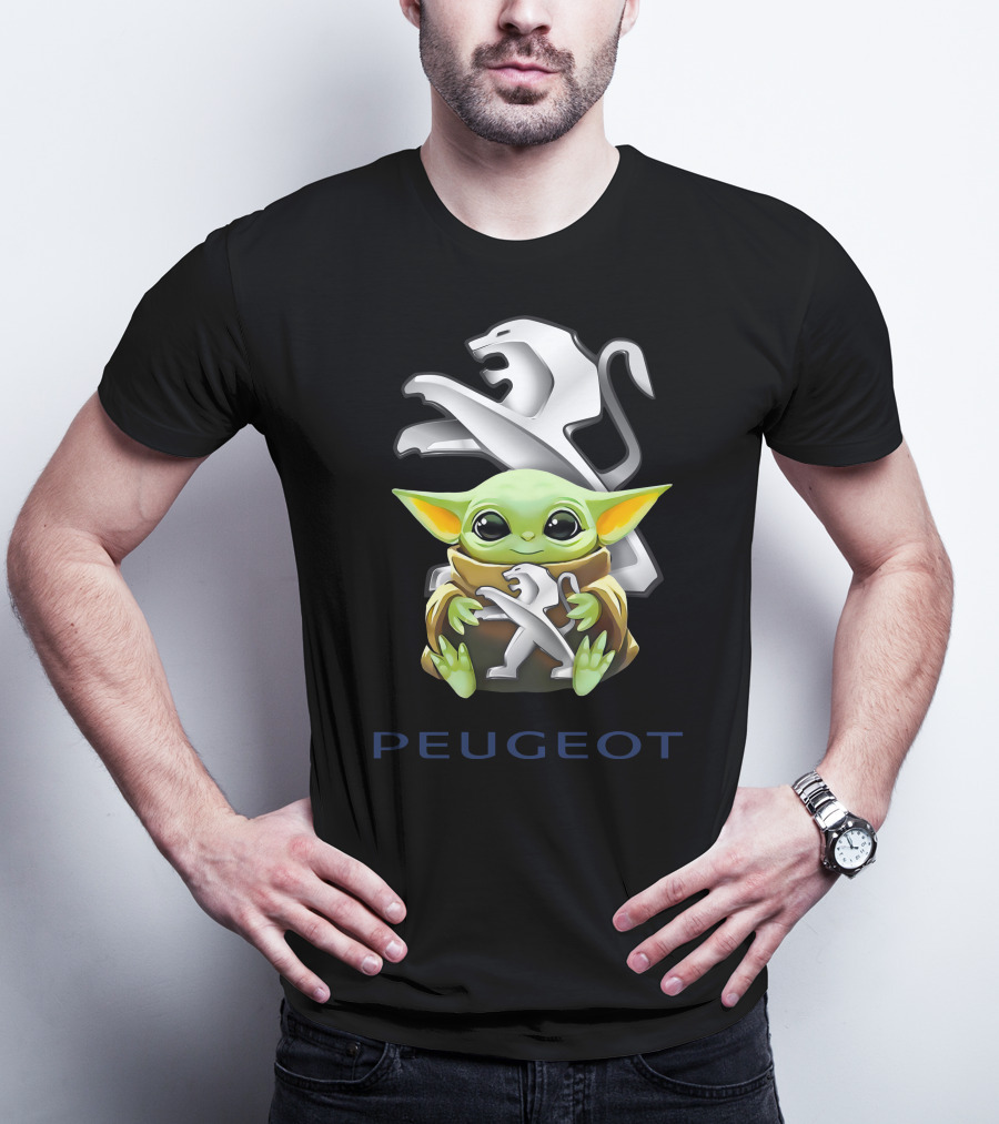 Baby Yoda Embracing Peugeot Lion T-Shirt