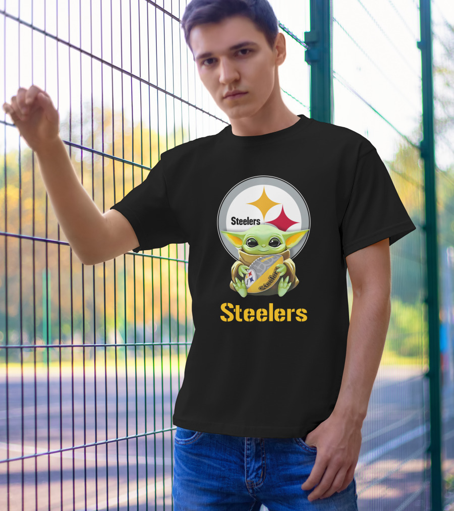 Star Wars Baby Yoda Hugging Pittsburgh Steelers Football T-Shirt