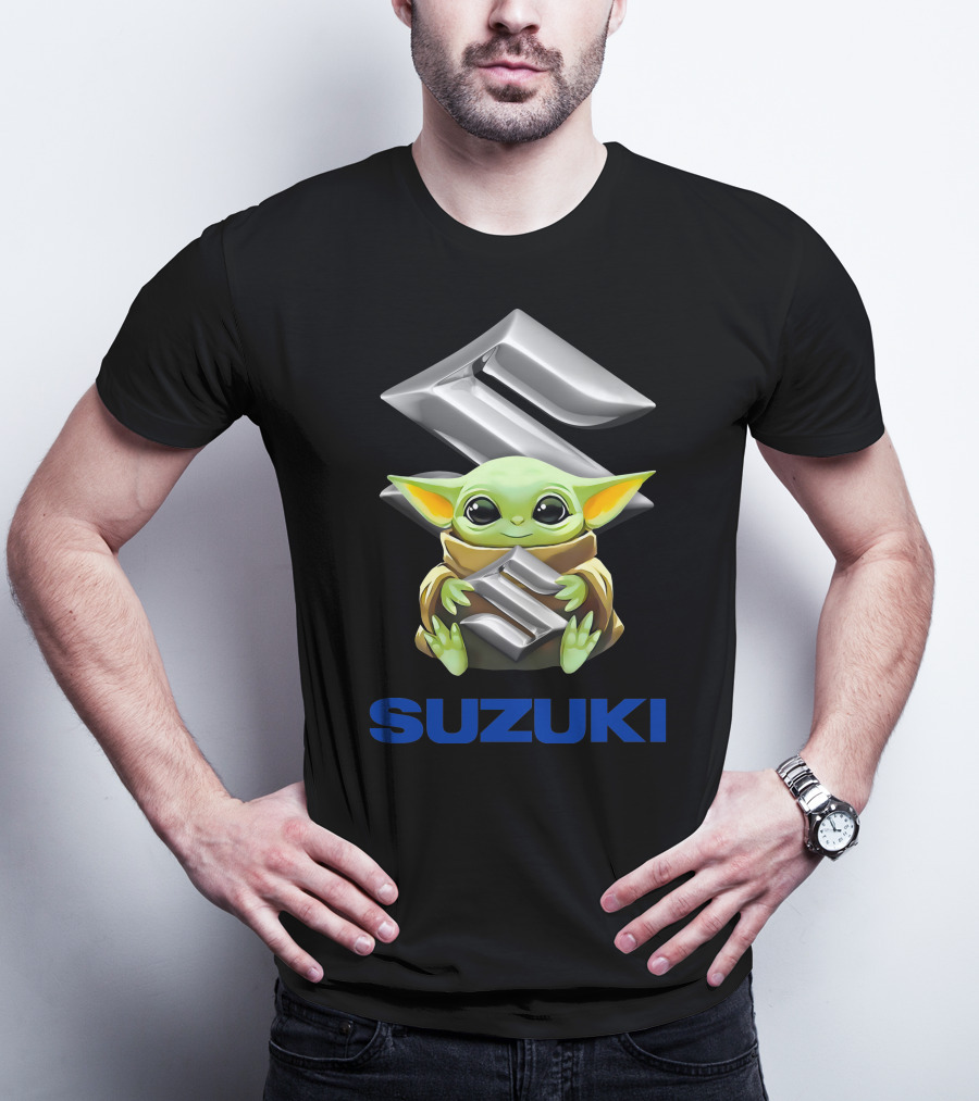 Baby Yoda Holding Silver Suzuki Emblem With Blue Suzuki T-Shirt