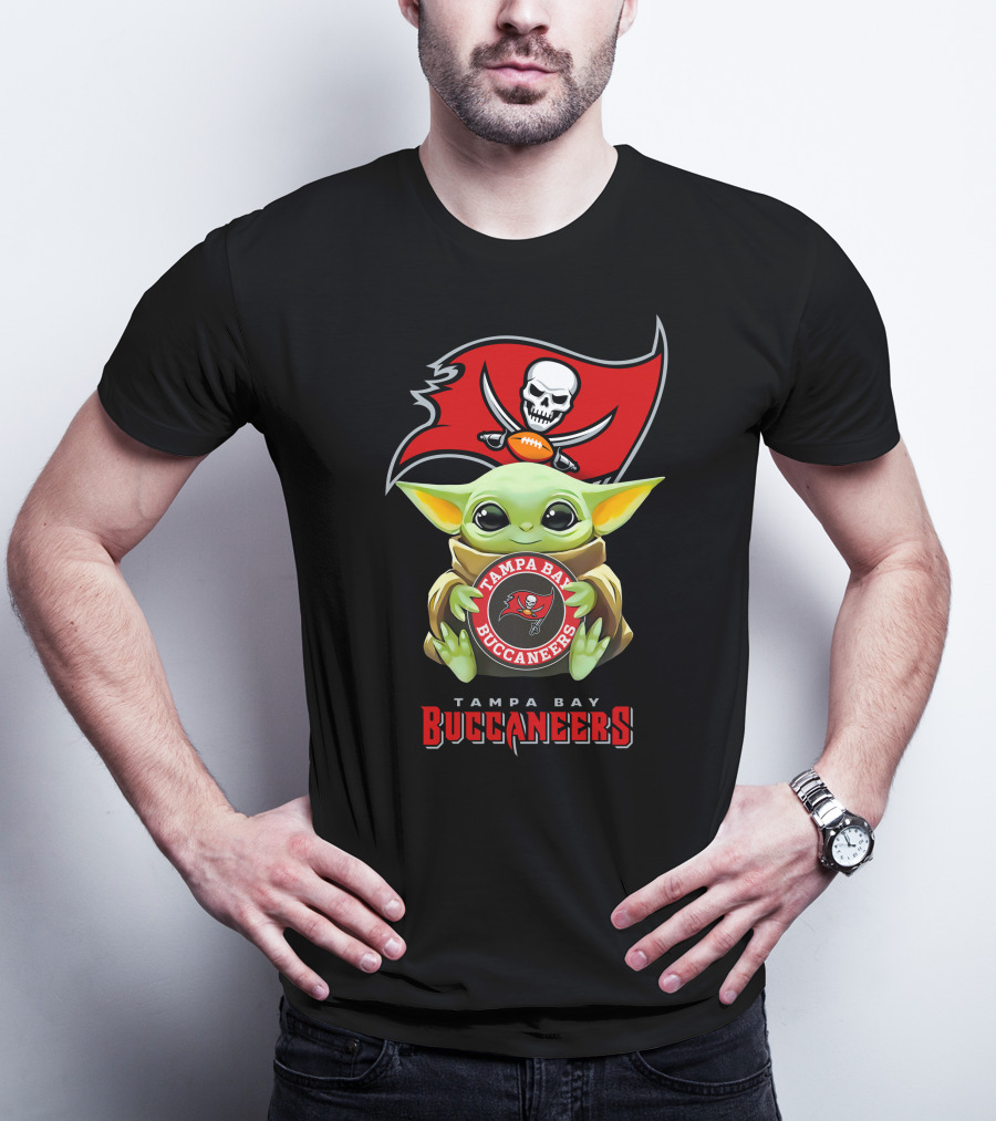 Baby Yoda Tampa Bay Buccaneers Hug With Logo And Helmet Flag T-Shirt
