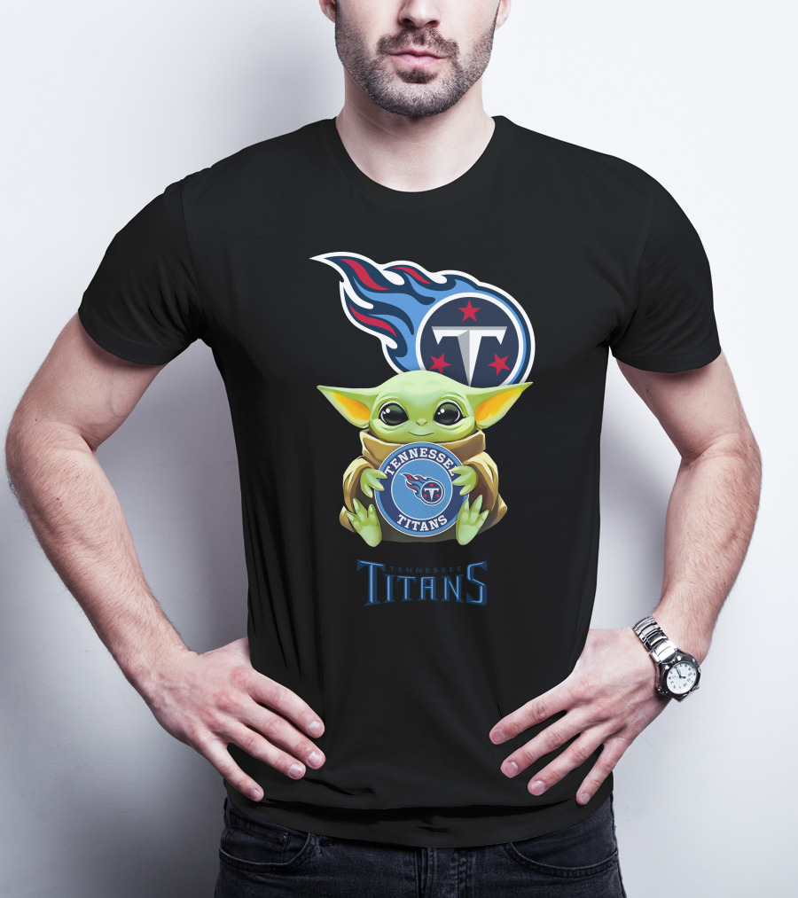 Baby Yoda Holding Tennessee Titans Emblem With Team Logo Background T-Shirt