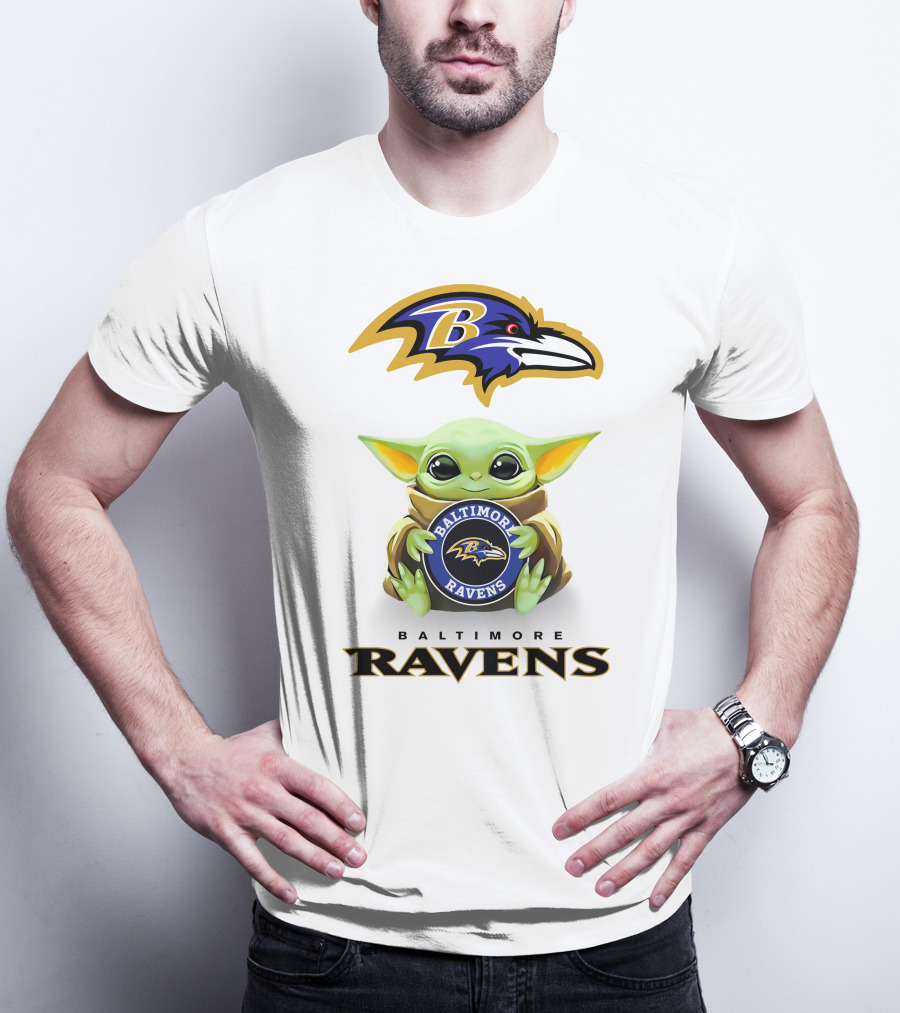 Baby Yoda Holding Baltimore Ravens Logo With Team Emblems T-Shirt
