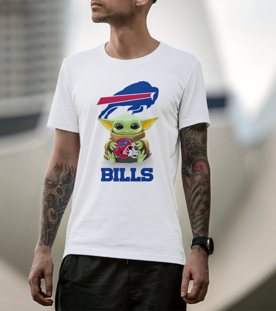 Baby Yoda Holding Buffalo Bills Helmet Logo With Bills T-Shirt