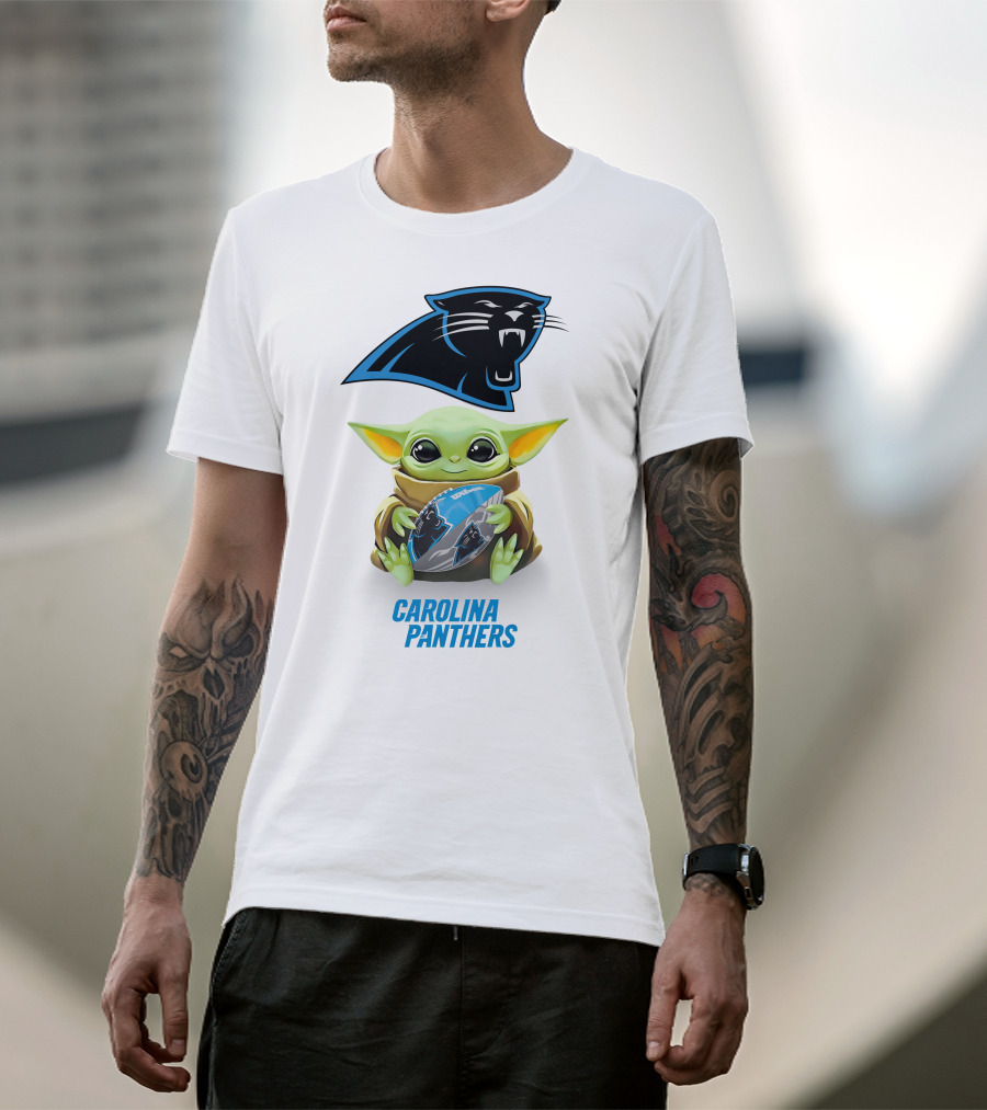 Baby Yoda Holding Carolina Panthers Football T-Shirt