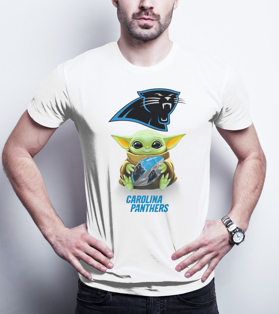 Baby Yoda Holding Carolina Panthers Football T-Shirt