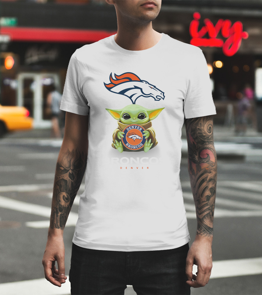 Baby Yoda Holds Denver Broncos Emblem Denver Broncos T-Shirt